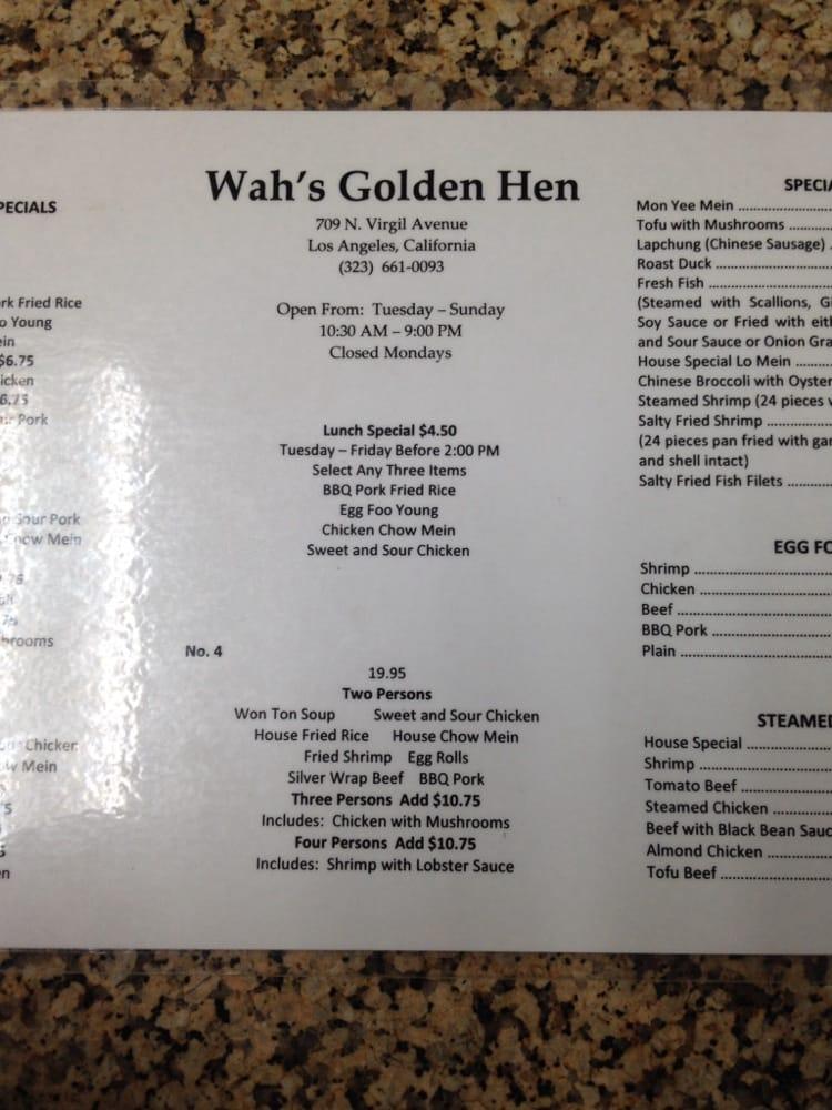 Menu at Wah's Golden Hen restaurant, Los Angeles
