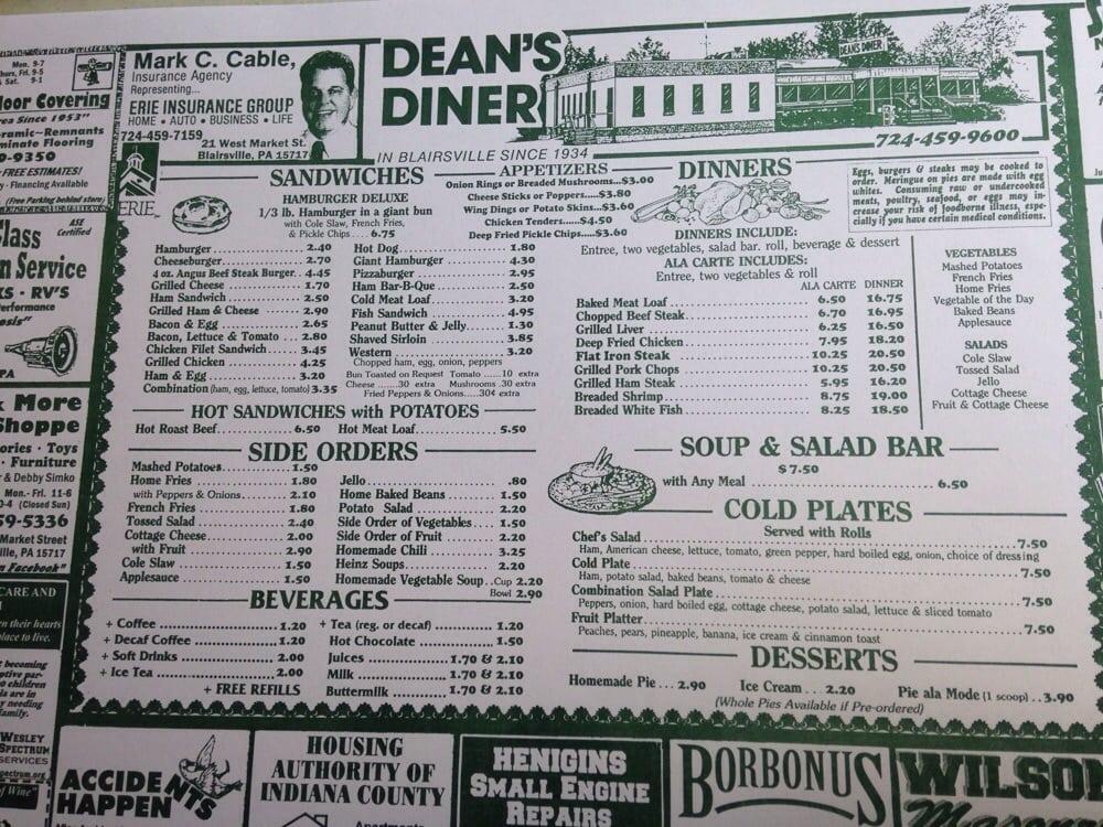 Menu at Dean’s Diner restaurant, Blairsville