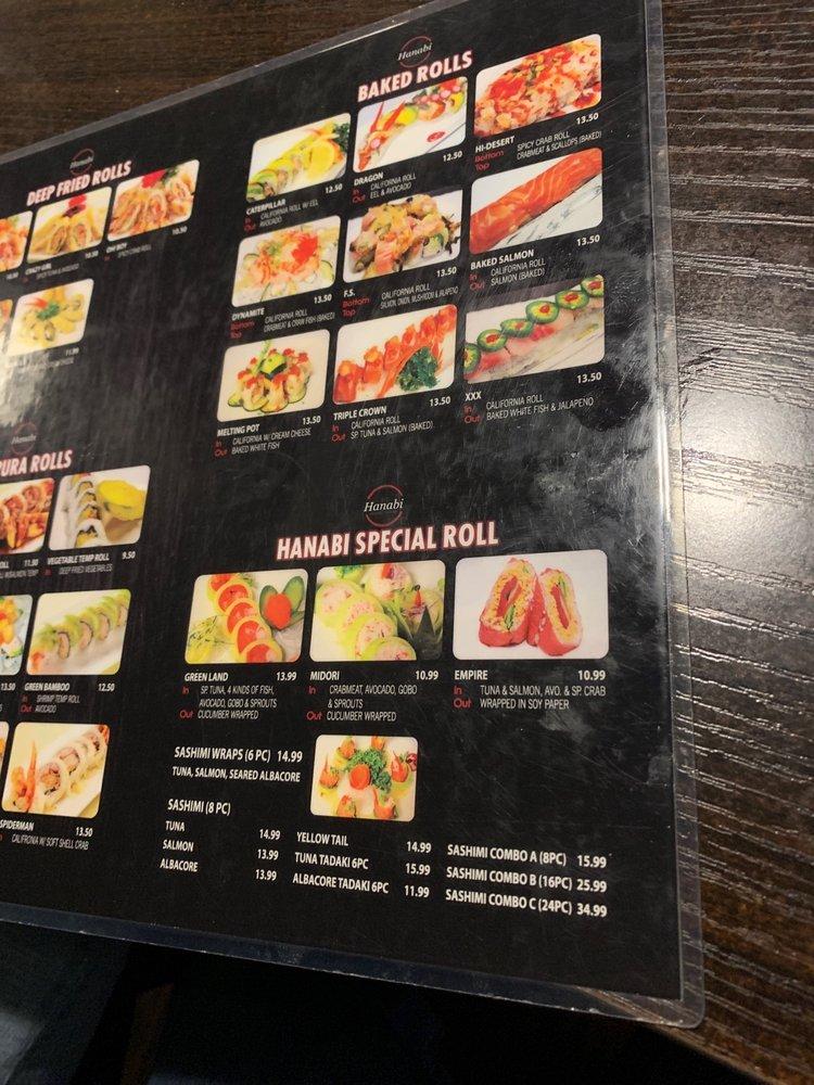 Menu at Hanabi Sushi restaurant, Victorville