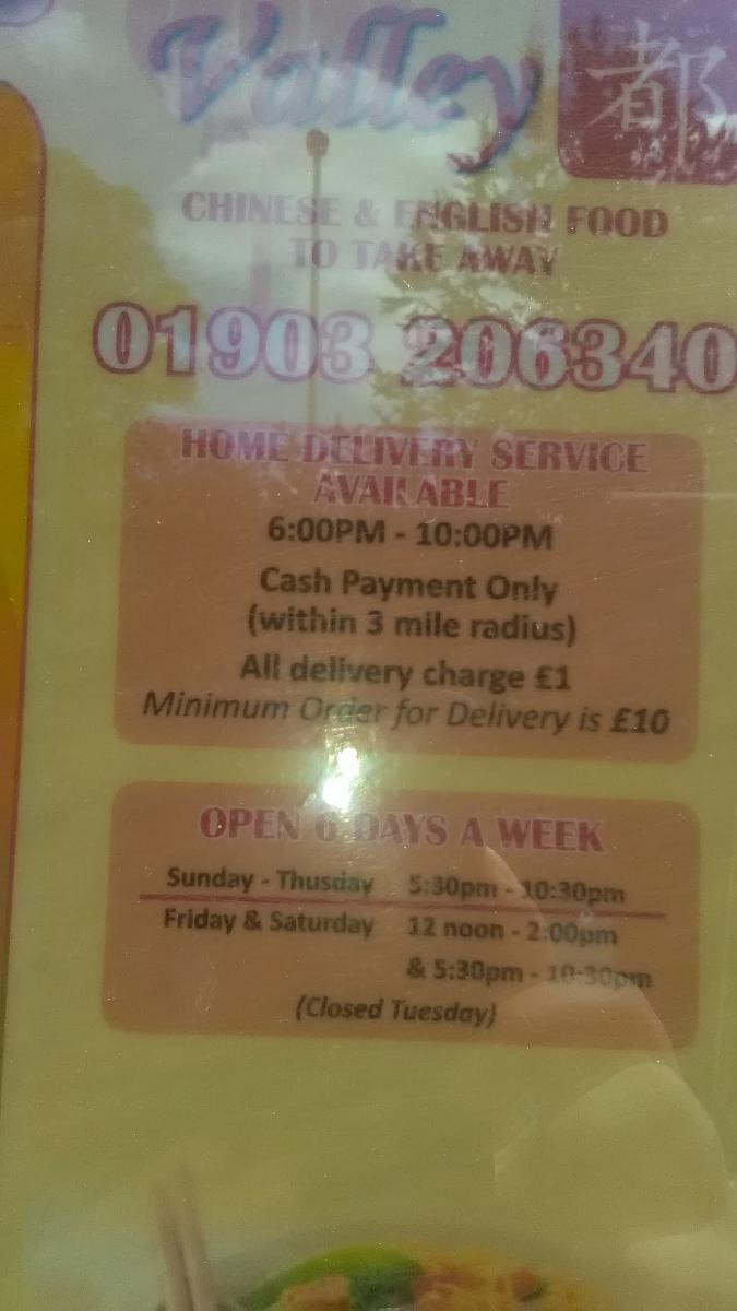 Menu at Happy Valley fast food, Worthing