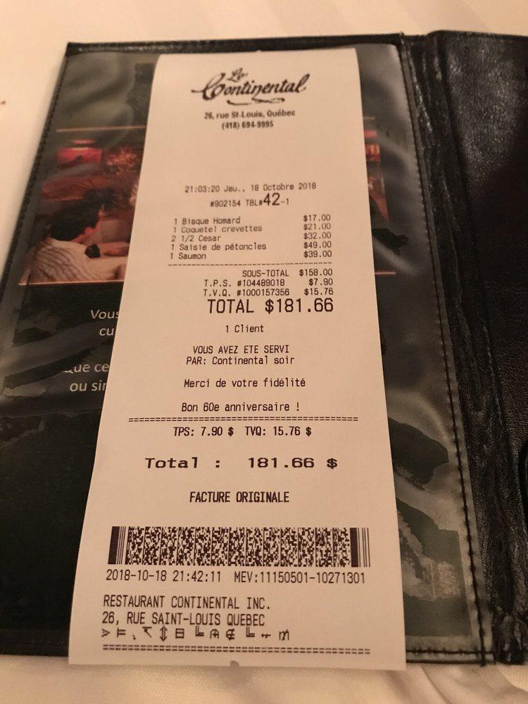 Menu au Le Continental restaurant, Québec