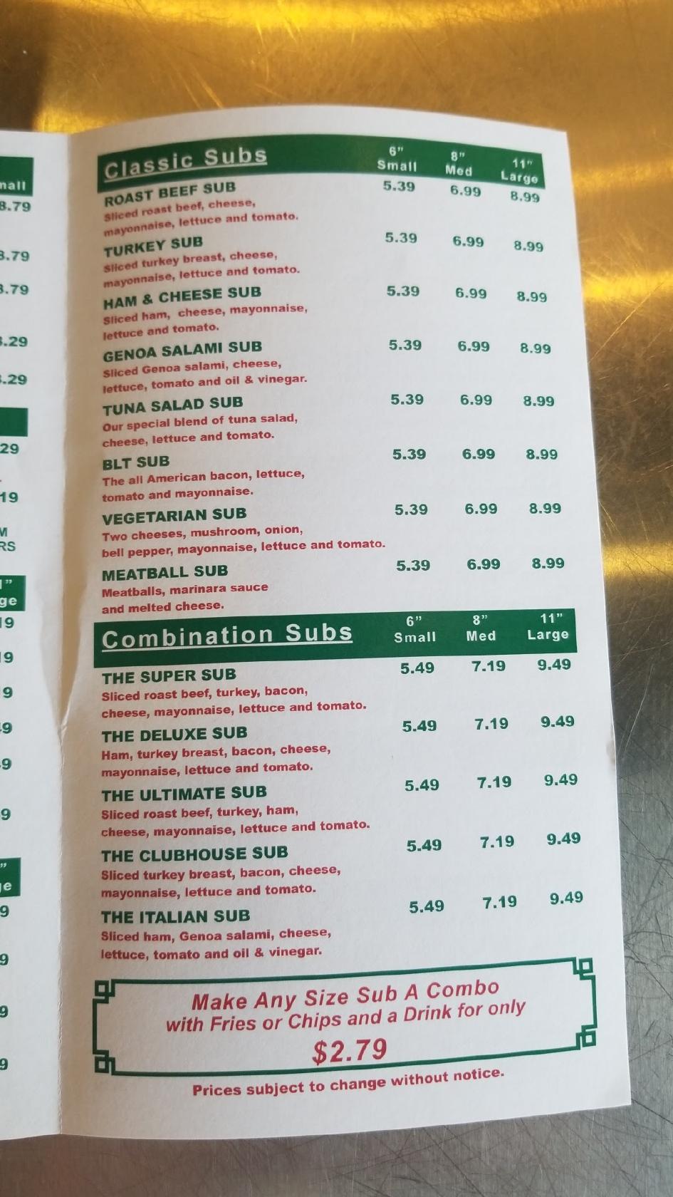 Menu at Mig's Deli pizzeria, Anderson