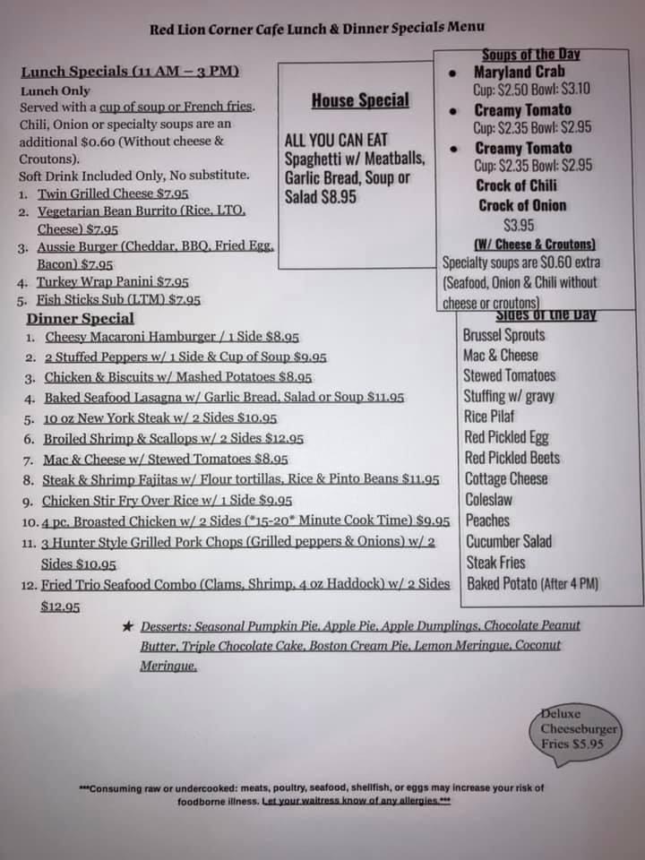 Menu at Red Lion Corner Café restaurant, Red Lion