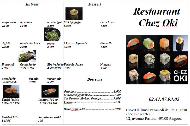Menu at Chez Oki restaurant, Angers