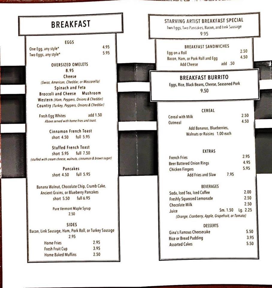 Menu at Starving Artist cafe, Asbury Park