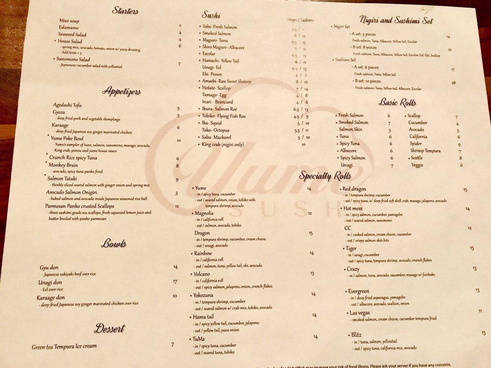Menu at Yume Sushi restaurant, Seattle