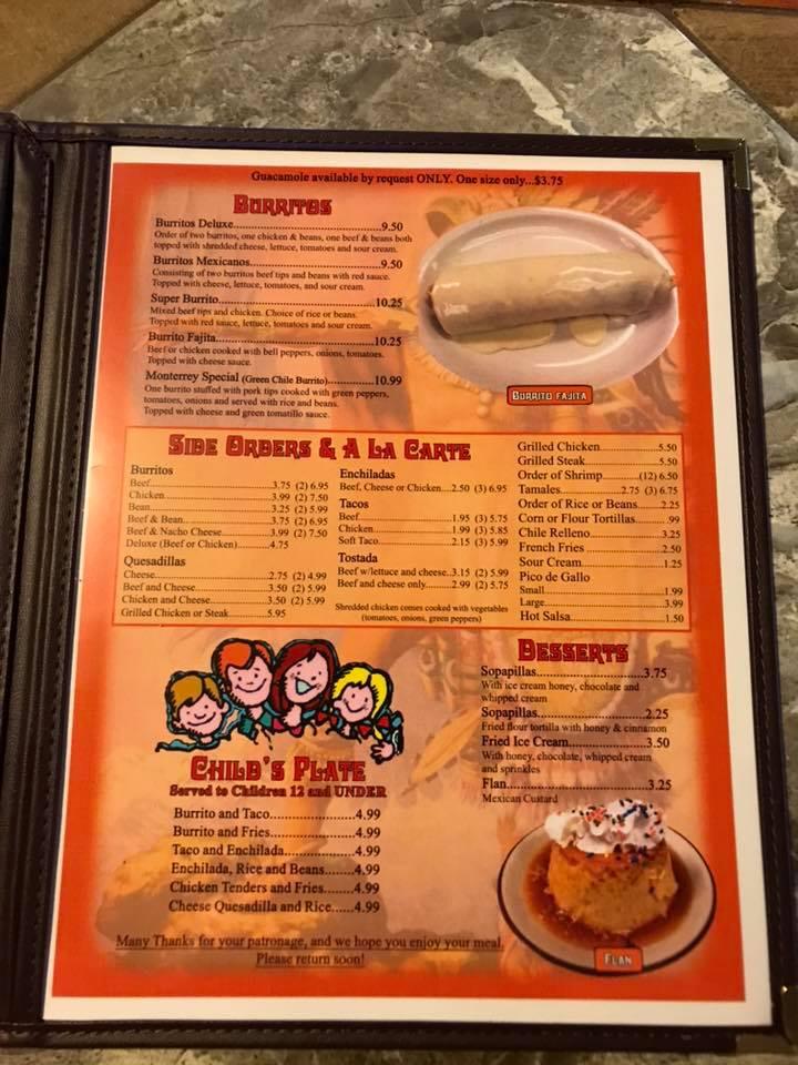 Menu at El Azteca restaurant, Wapakoneta