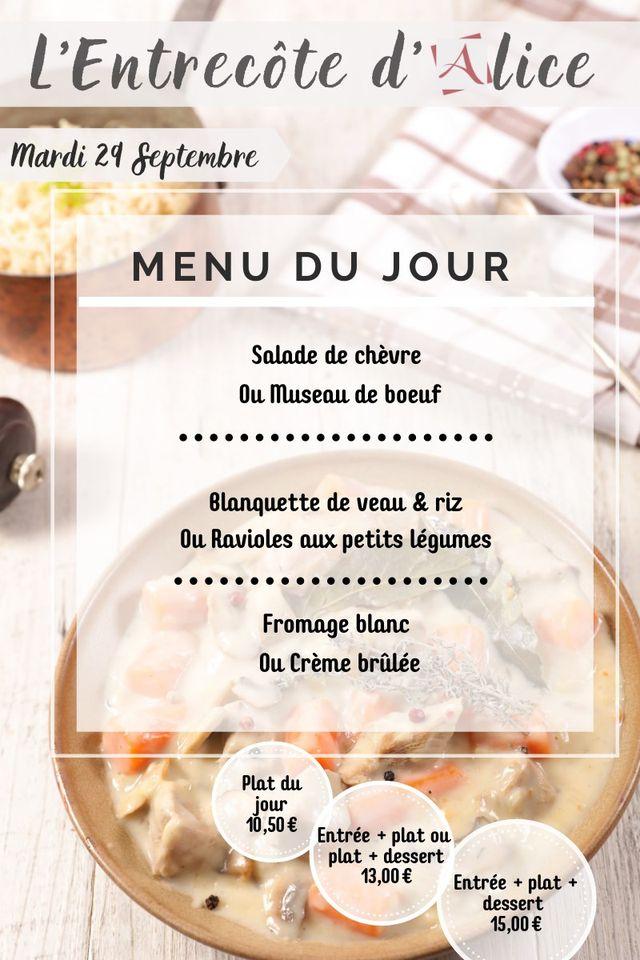 Menu au L'Entrecôte D'Alice restaurant, Estrablin