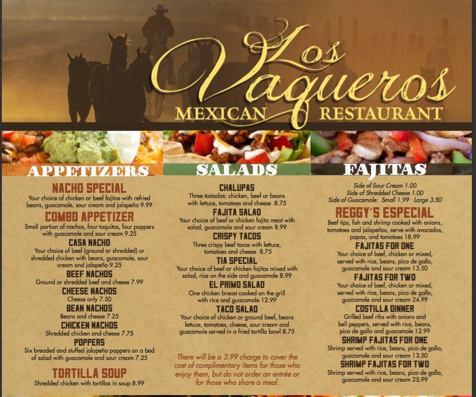 Menu at Los Vaqueros restaurant, Mustang, 305 E State Hwy 152