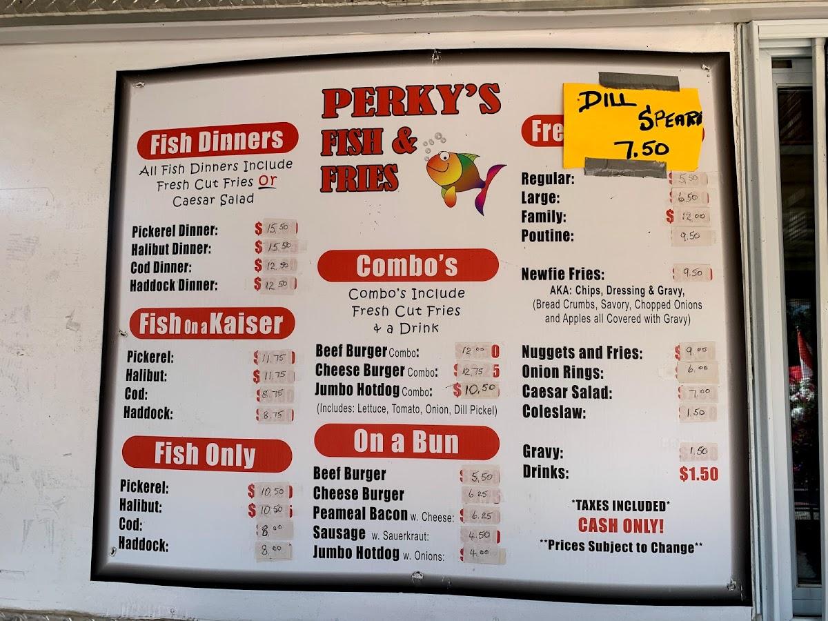 Menu at Perky's Fish & Fries restaurant, Canada