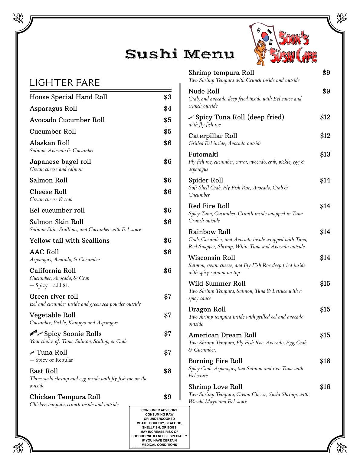Menu at Soon's Sushi Cafe, Kenosha