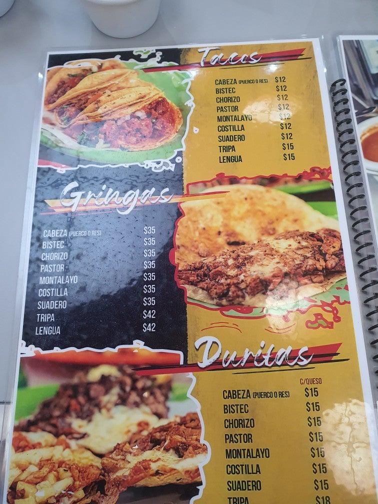 Menu at Tacos El Chato Sánchez restaurant, Celaya