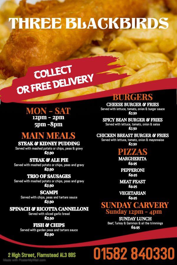 Menu at Three Blackbirds pub & bar, Markyate