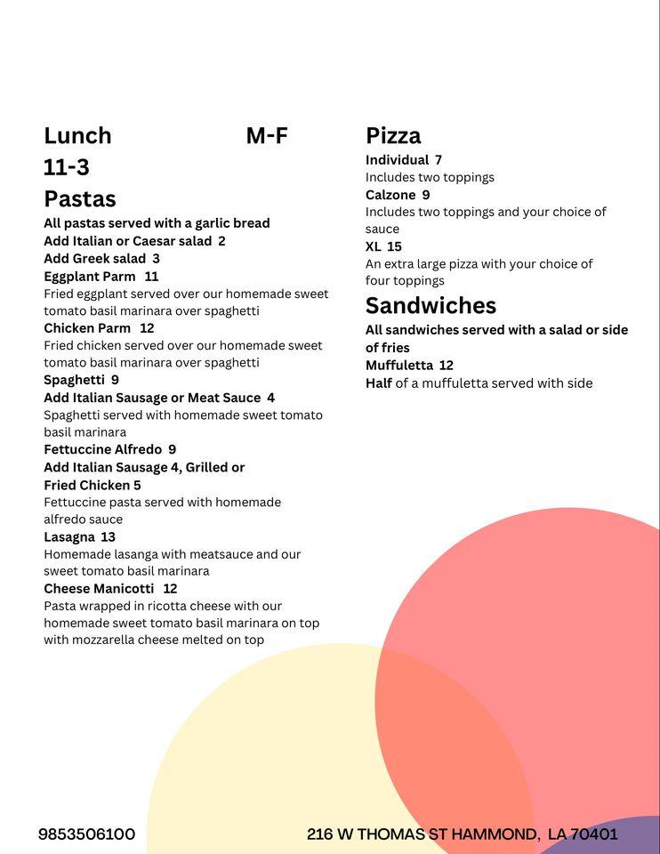 Menu at Tommy's on Thomas pizzeria, Hammond