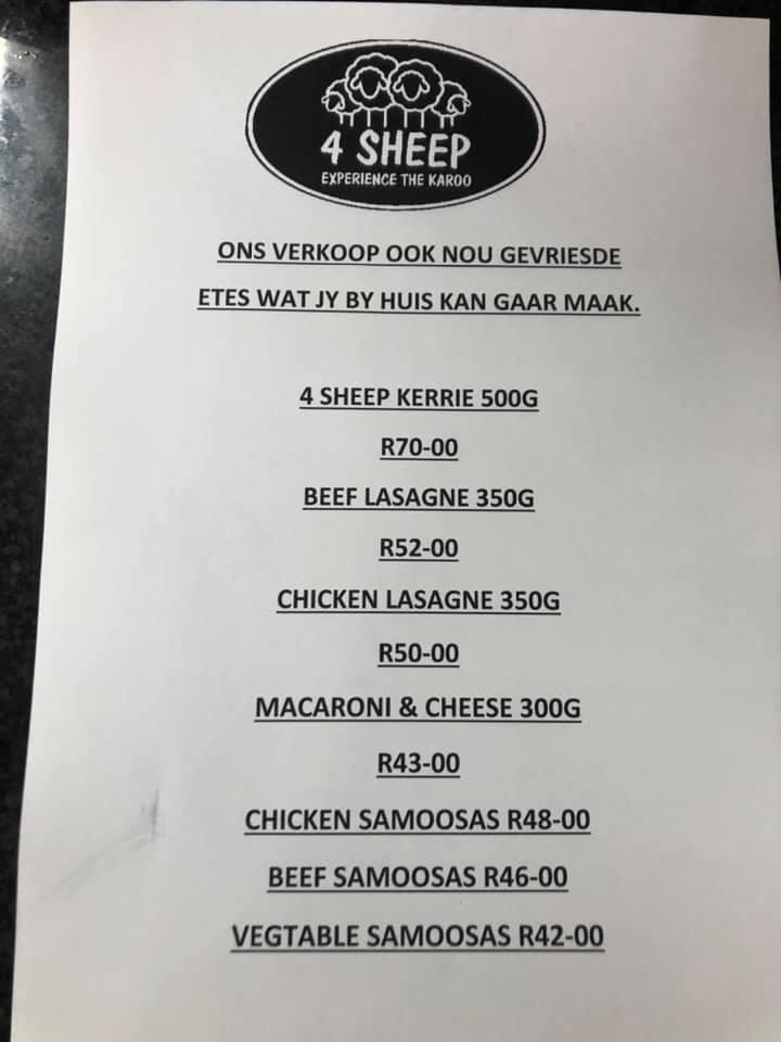 Menu at 4 Sheep Restaurant Deli and Convenience Store, Beaufort West