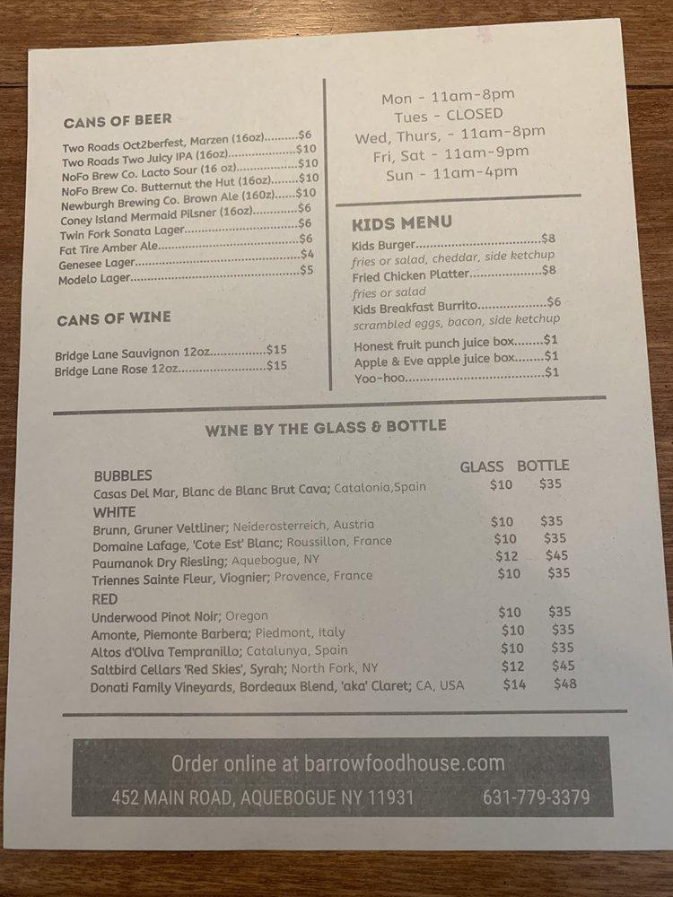 Menu at Barrow Food House, Riverhead