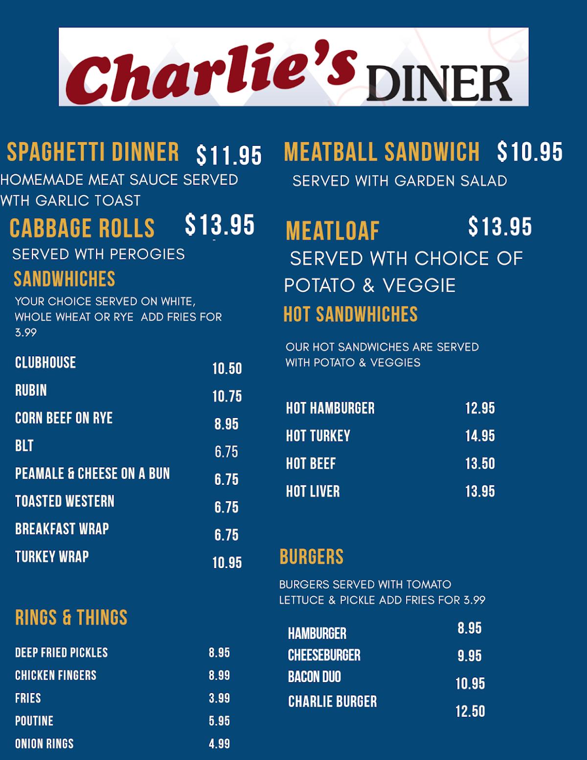 Menu at Charlie's Diner restaurant, Stayner