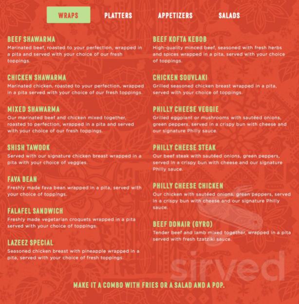 Menu at Lazeez Shawarma restaurant, Mississauga, Glen Erin Dr Unit 13B