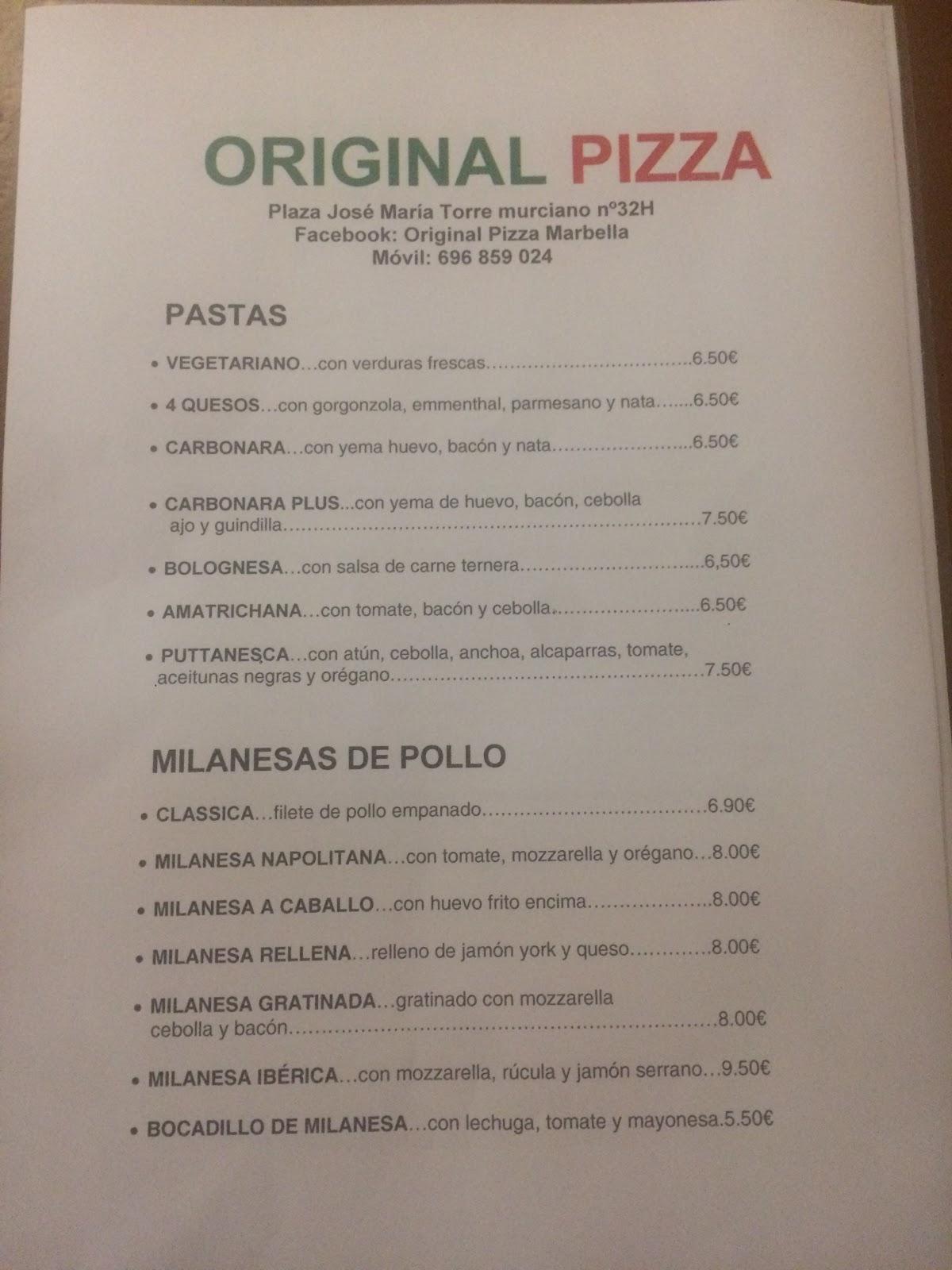Menu at original pizza marbella restaurant, Marbella