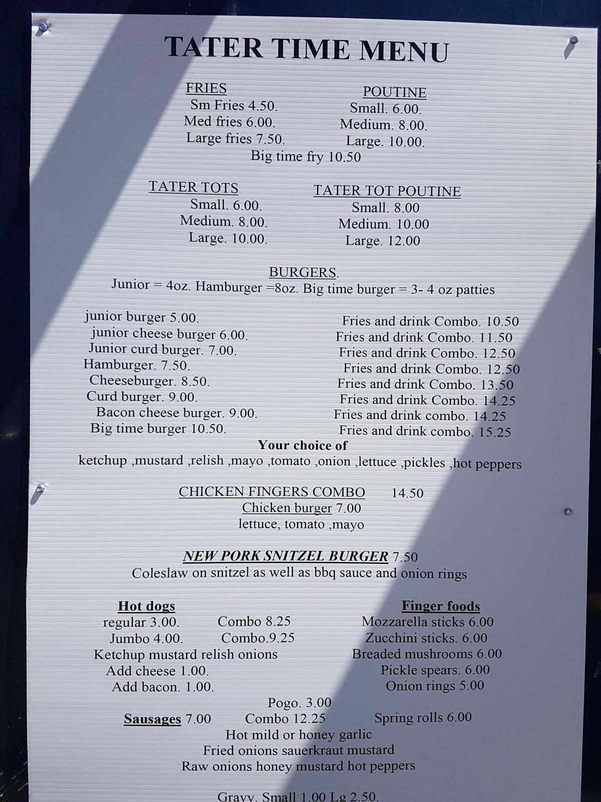 Menu at Tater Time restaurant, Perth, Hwy 7