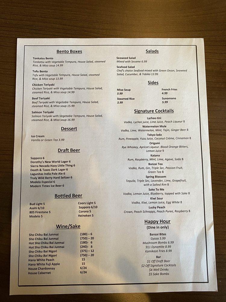 Menu at Banzai Japanese Bar & Kitchen, Fresno, 609 E Olive Ave Suite C