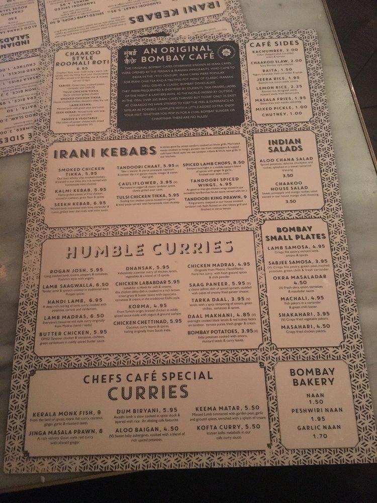 Menu at Chaakoo Bombay Cafe, Glasgow
