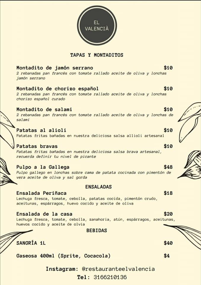 Menu at El Valencià restaurant, Cali, Cra. 12 #2-108