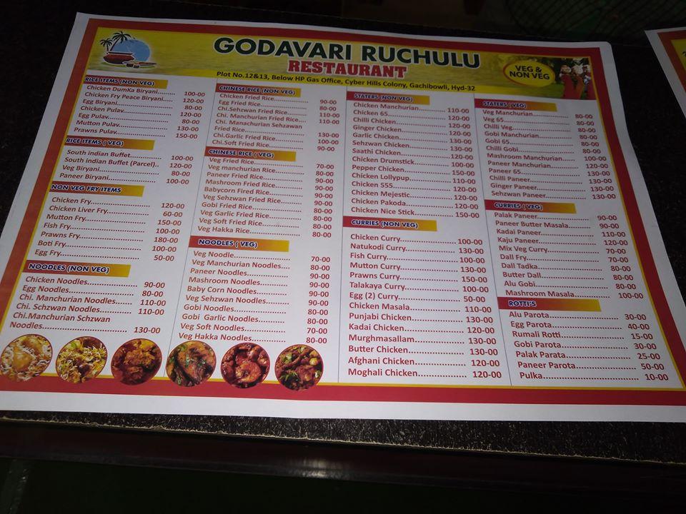 Menu at Godavari Ruchulu Gachibowli, Hyderabad