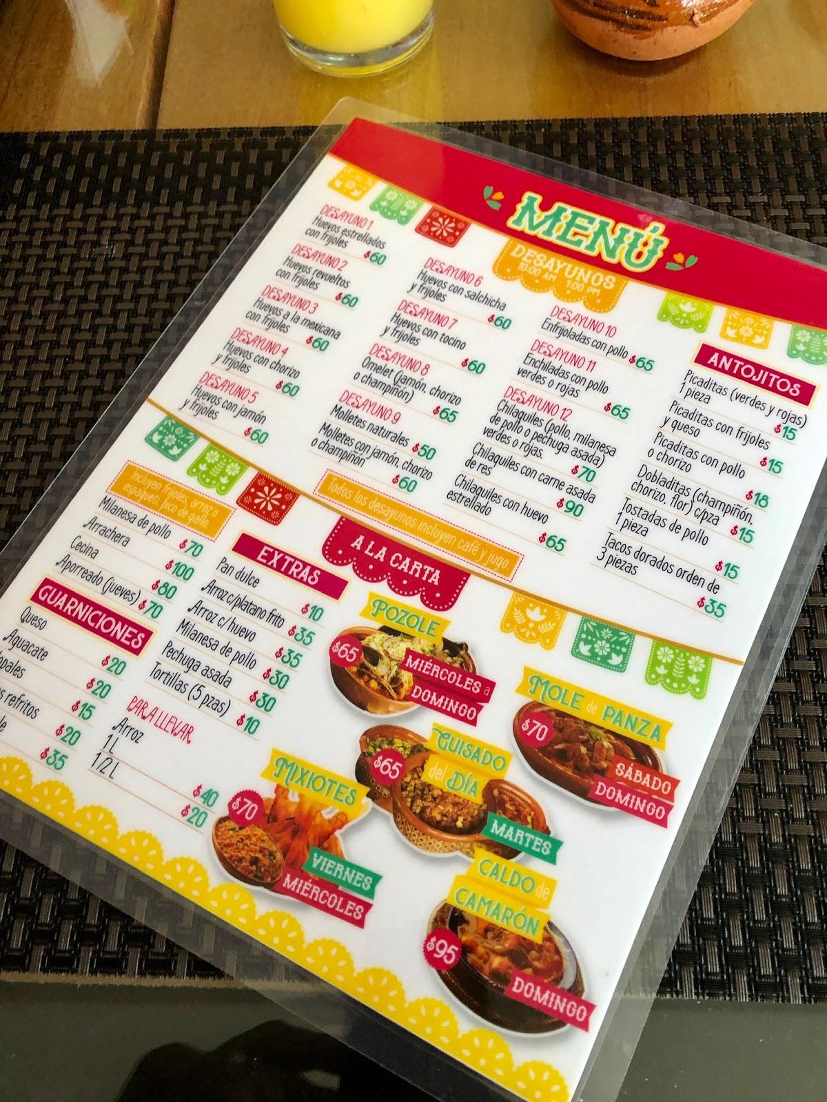Menu at Los Antojos restaurant, San Andres Cholula