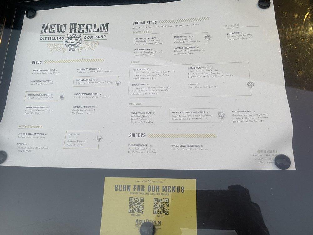 Menu at New Realm Brewing & Distilling Co. pub & bar, Savannah