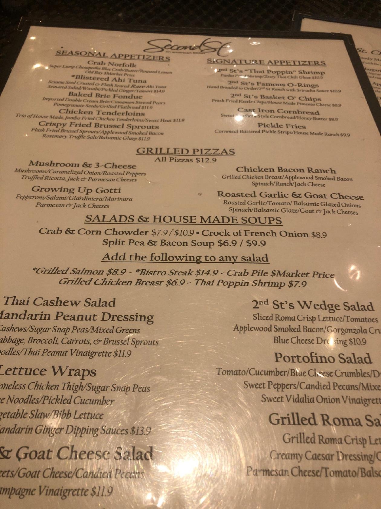Menu at Second Street American Bistro pub & bar, Williamsburg, 140 2nd St