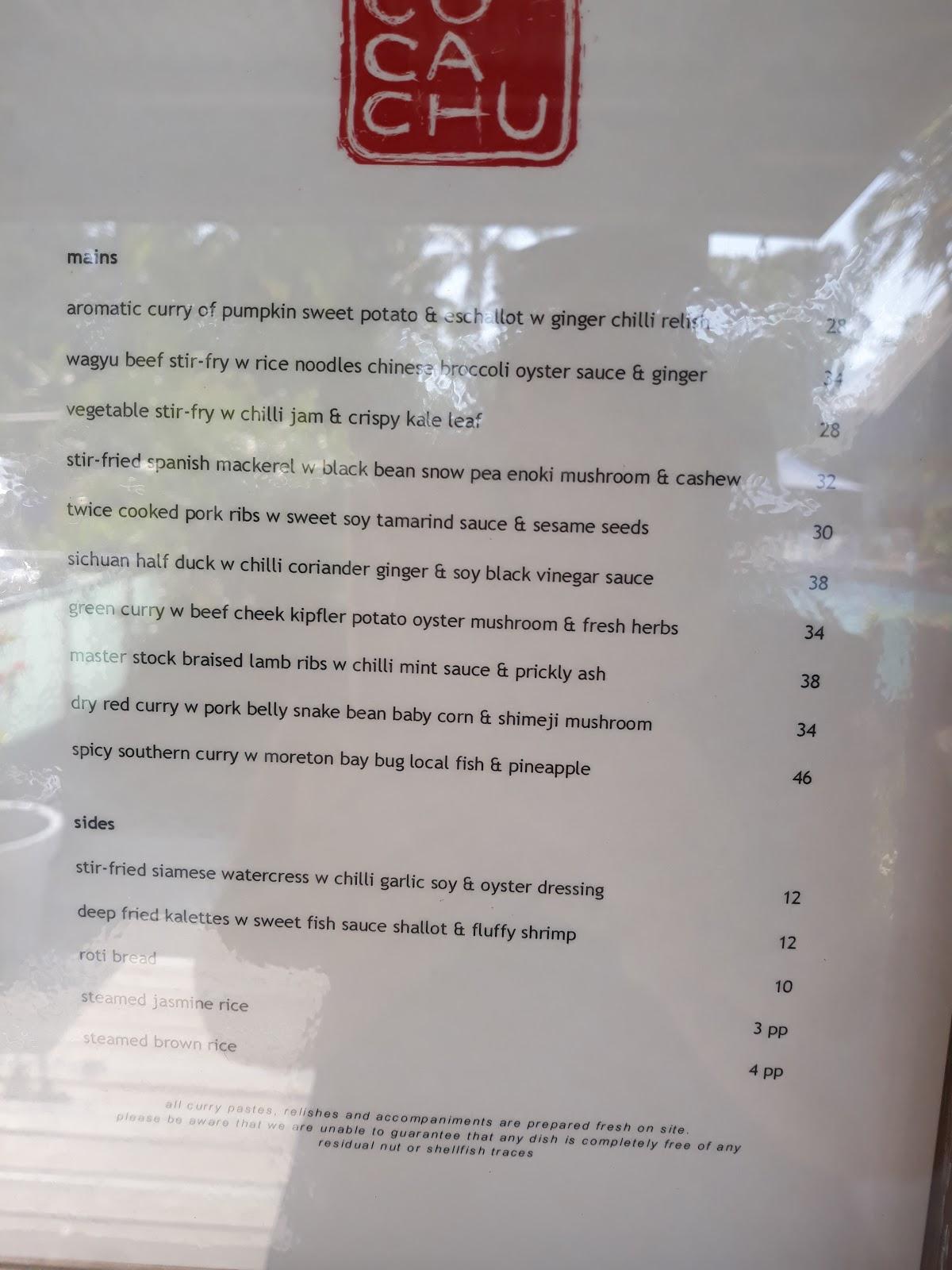 Menu at coca chu restaurant, Hamilton Island