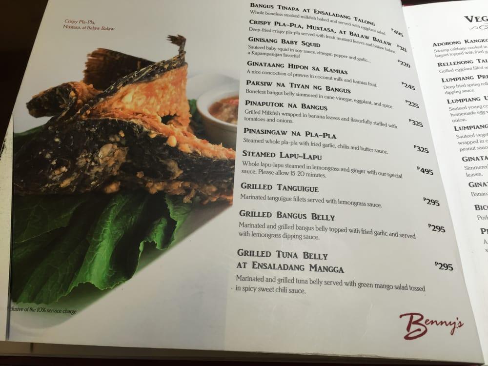 Menu at Benny's Place restaurant, Makati, GF