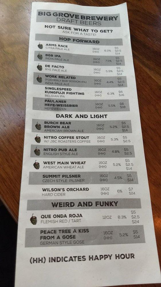 Menu at Big Grove Brewpub-Solon, Solon