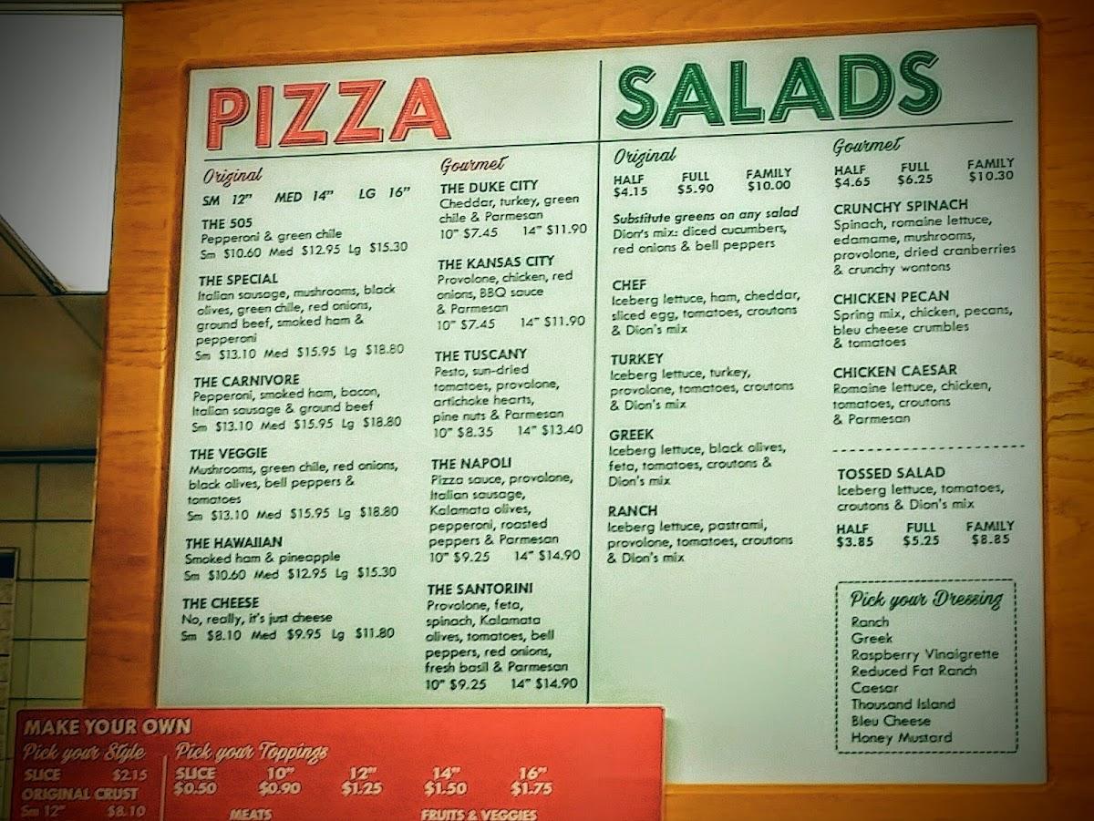 Menu at Dion's pizzeria, Santa Fe, Cerrillos Rd