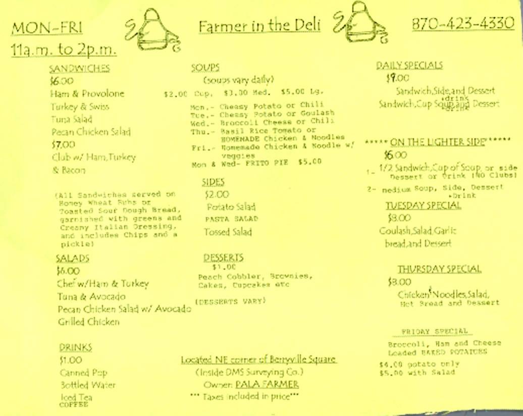 Menu at Farmer In The Deli cafe, Berryville