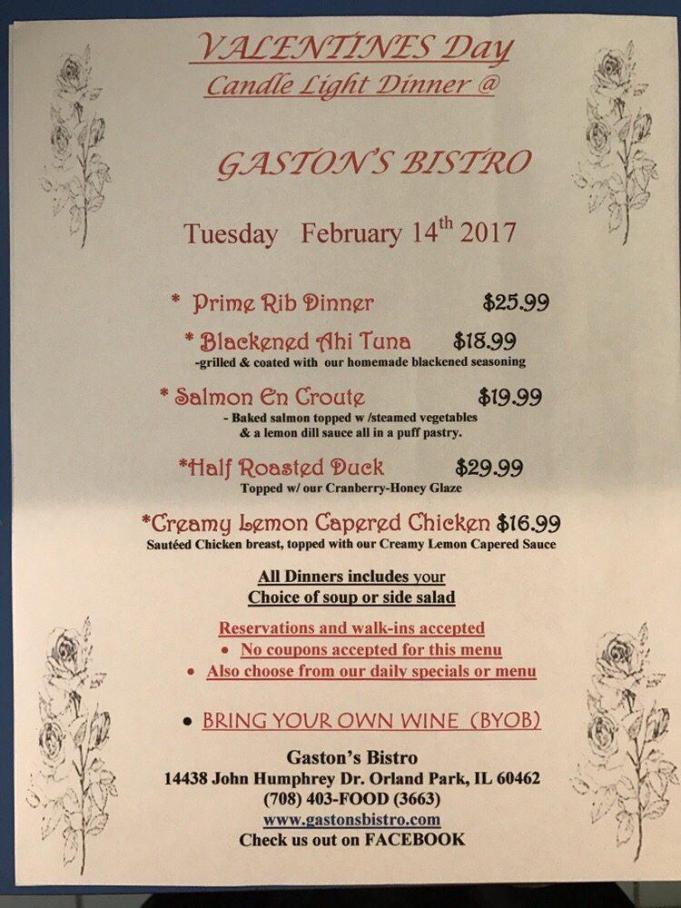 Menu at Gaston's Bistro restaurant, Orland Park