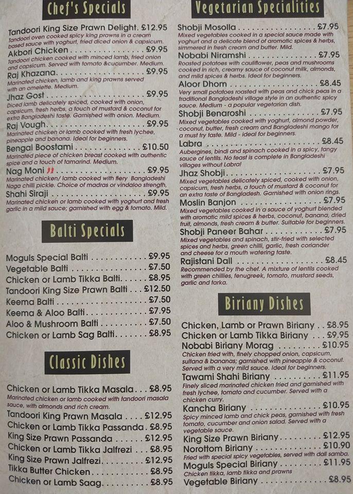 Menu at Moguls restaurant, Clevedon