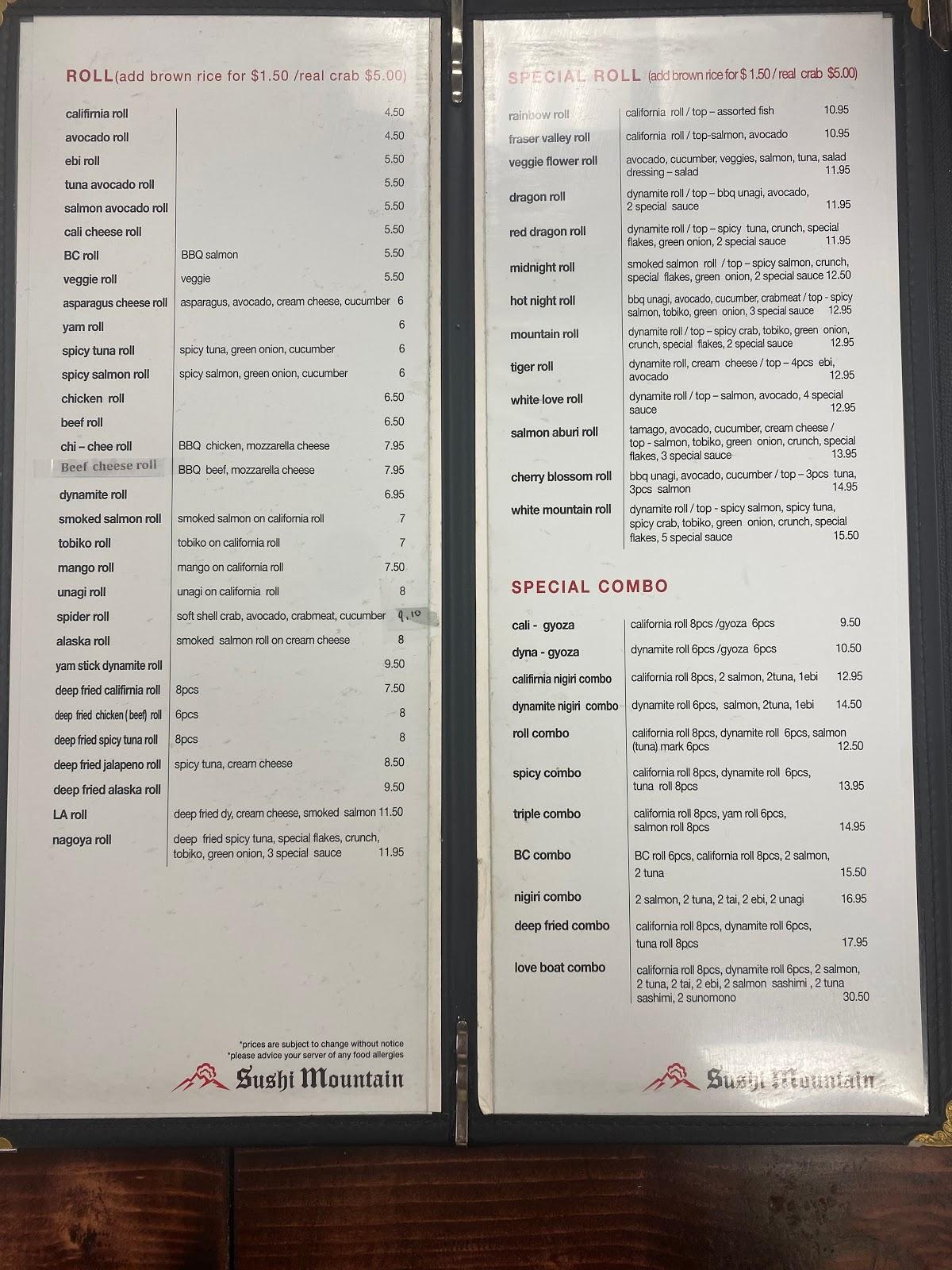 Menu at Sushi Mountain restaurant, Agassiz