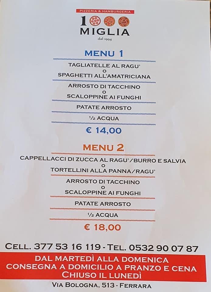 Menu at 1000 Miglia restaurant, Ferrara