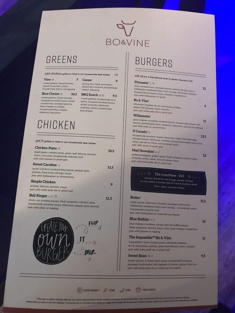 Carta de Bo & Vine Burger Bar, Corvallis