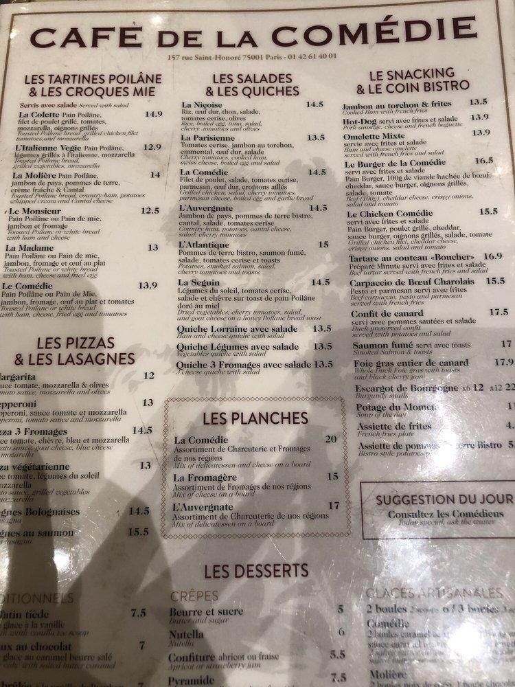Menu at Café de la Comédie, Paris, 157 Rue St Honoré