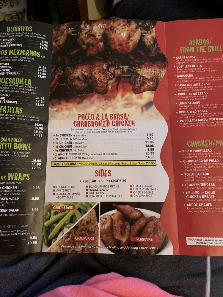 Menu at El Gran Pollo restaurant, Cockeysville