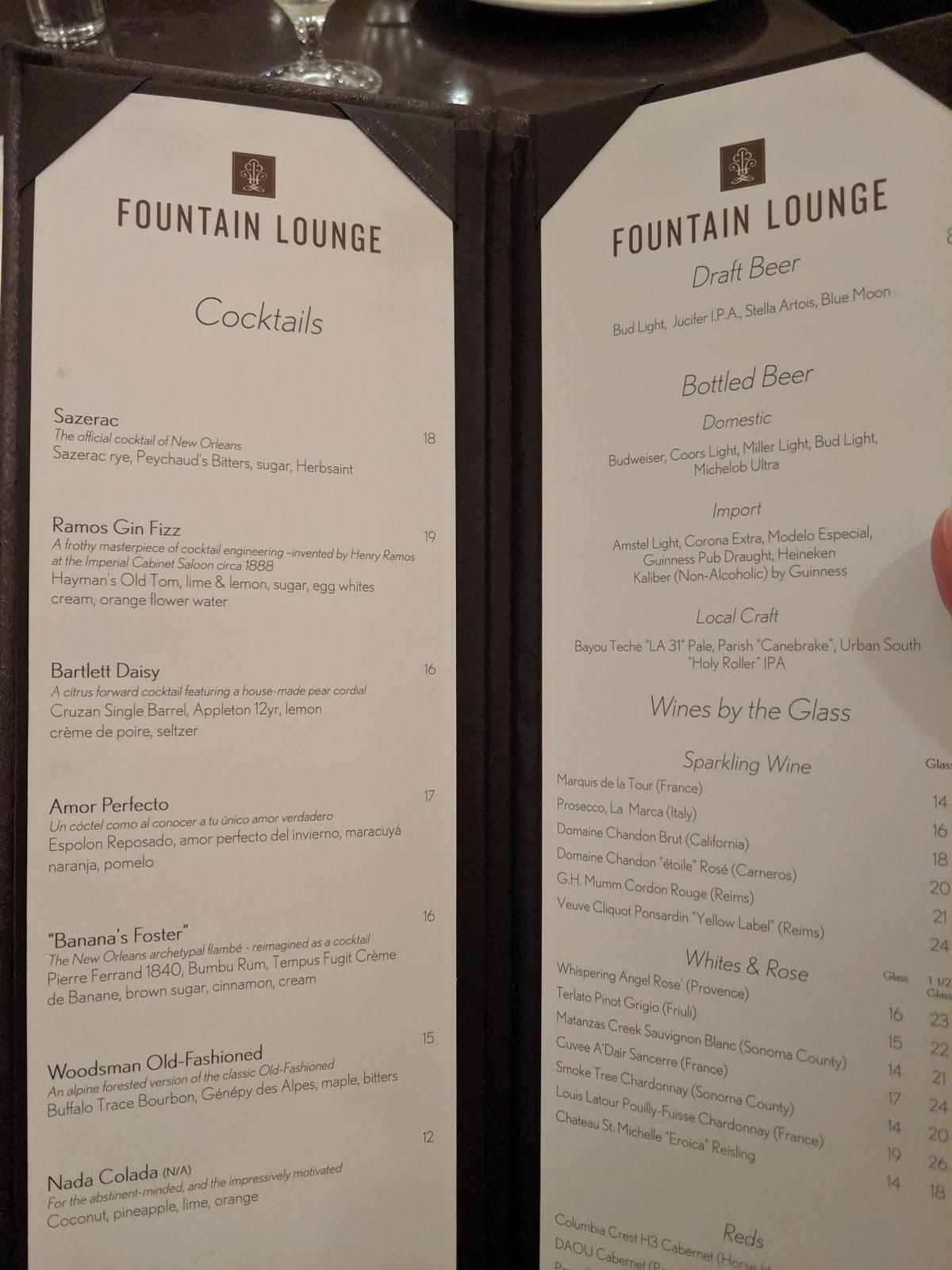 Menu at Fountain Lounge restaurant, New Orleans