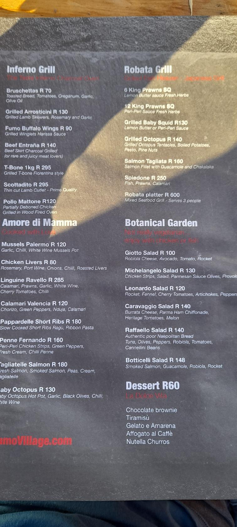 Menu at Fumo Village restaurant, Pretoria
