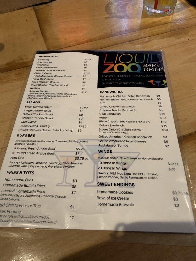 Menu at Liquid Zoo pub & bar, Dallas, Knight St
