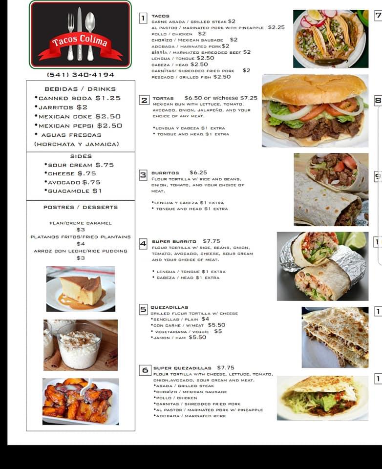 Menu at Tacos Colima restaurant, The Dalles