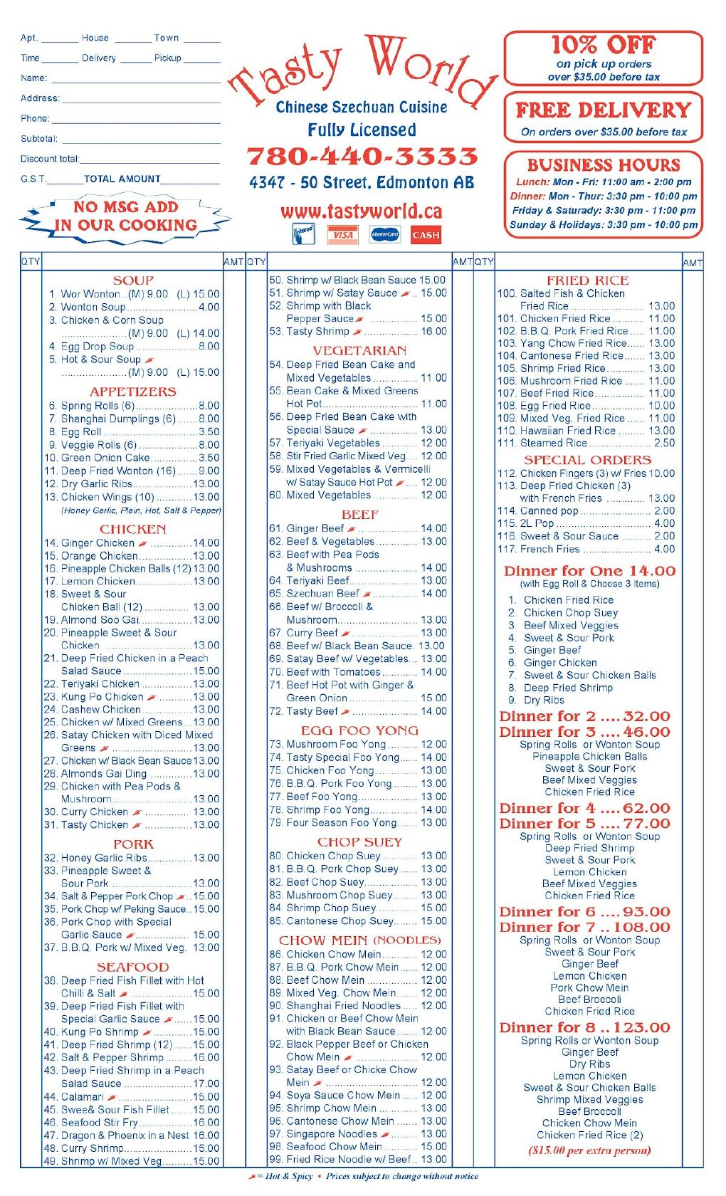 Menu at Tasty World Chinese Restaurant, Edmonton, 50 St NW