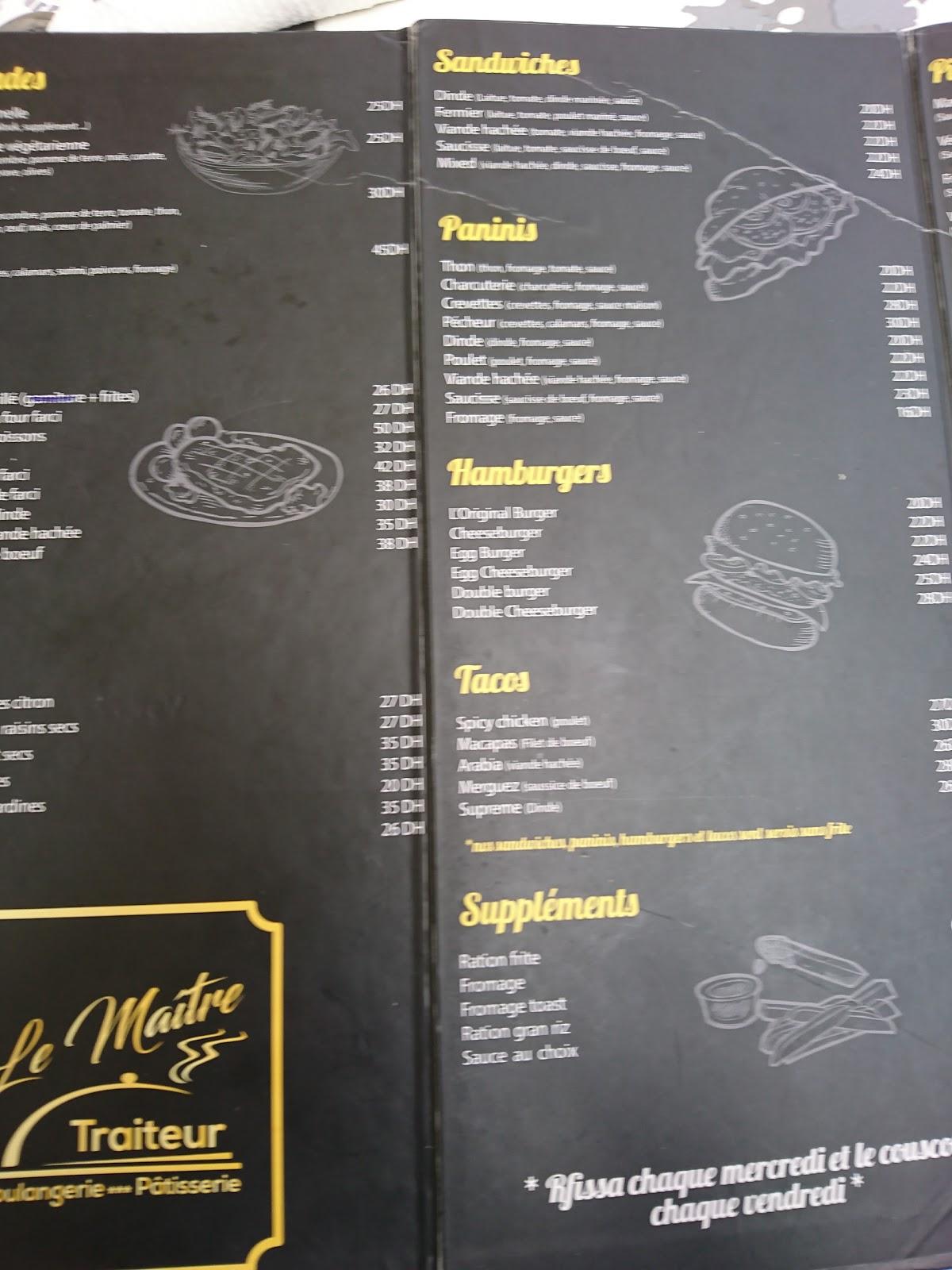 Menu au le Maitre Traiteur restaurant, Rabat