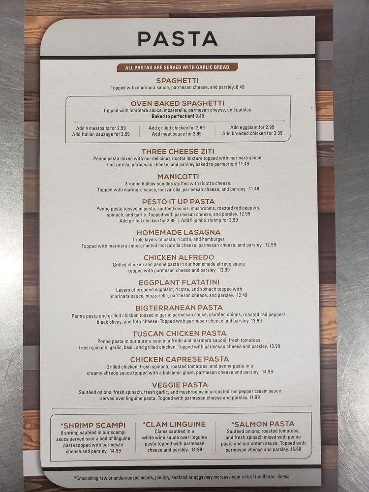 Menu at Sara's pizzeria, New Bern